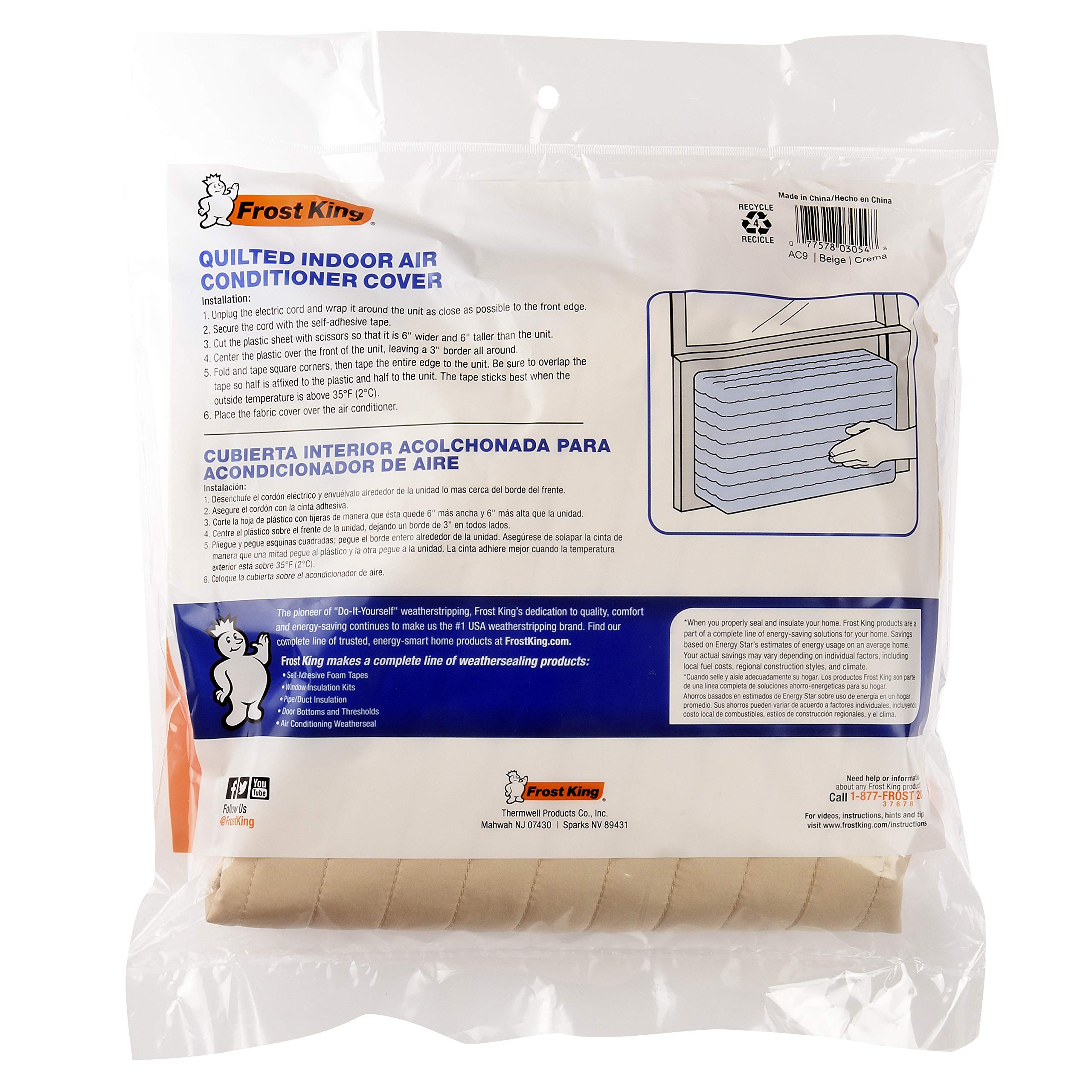 Frost King AC9H Indoor Quilted 2-Piece Standard Air Conditioner Cover 25" wide by 17" tall by 4" deep- Beige