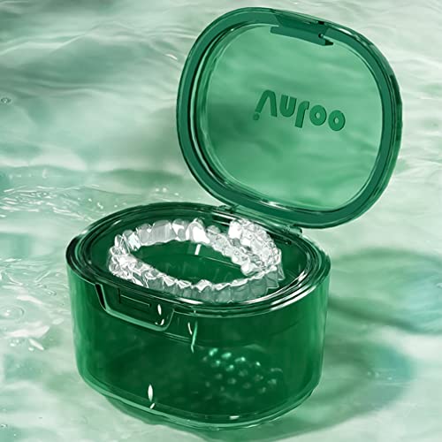 Healeved Retainer Case Denture Bath Cup with Strainer Basket Retainer Cleaner Orthodontic Mouth Case Soak Container for False Teeth Green