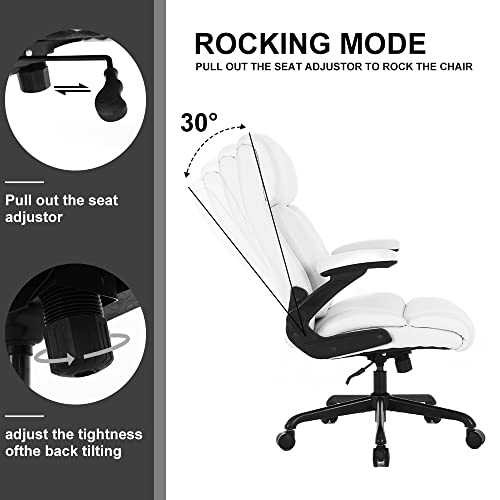 Executive Office Chair, Big and Tall Office Chair 500lbs for Heavy People Ergonomic High Back Leather Executive Office Chair with Flip-up Armrests and Adjustable Height Office Chair (White)