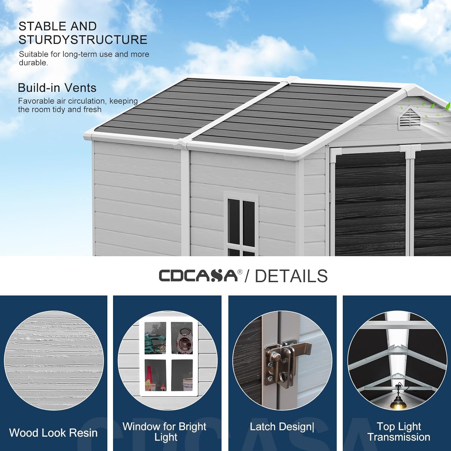 CDCASA 8x6 FT Resin Storage Shed, Waterproof Large Outdoor Shed with Floor & Lockable Door & Window & Vents, Plastic Tool Shed for Backyard, Patio, Poolside, Lawn, Gray