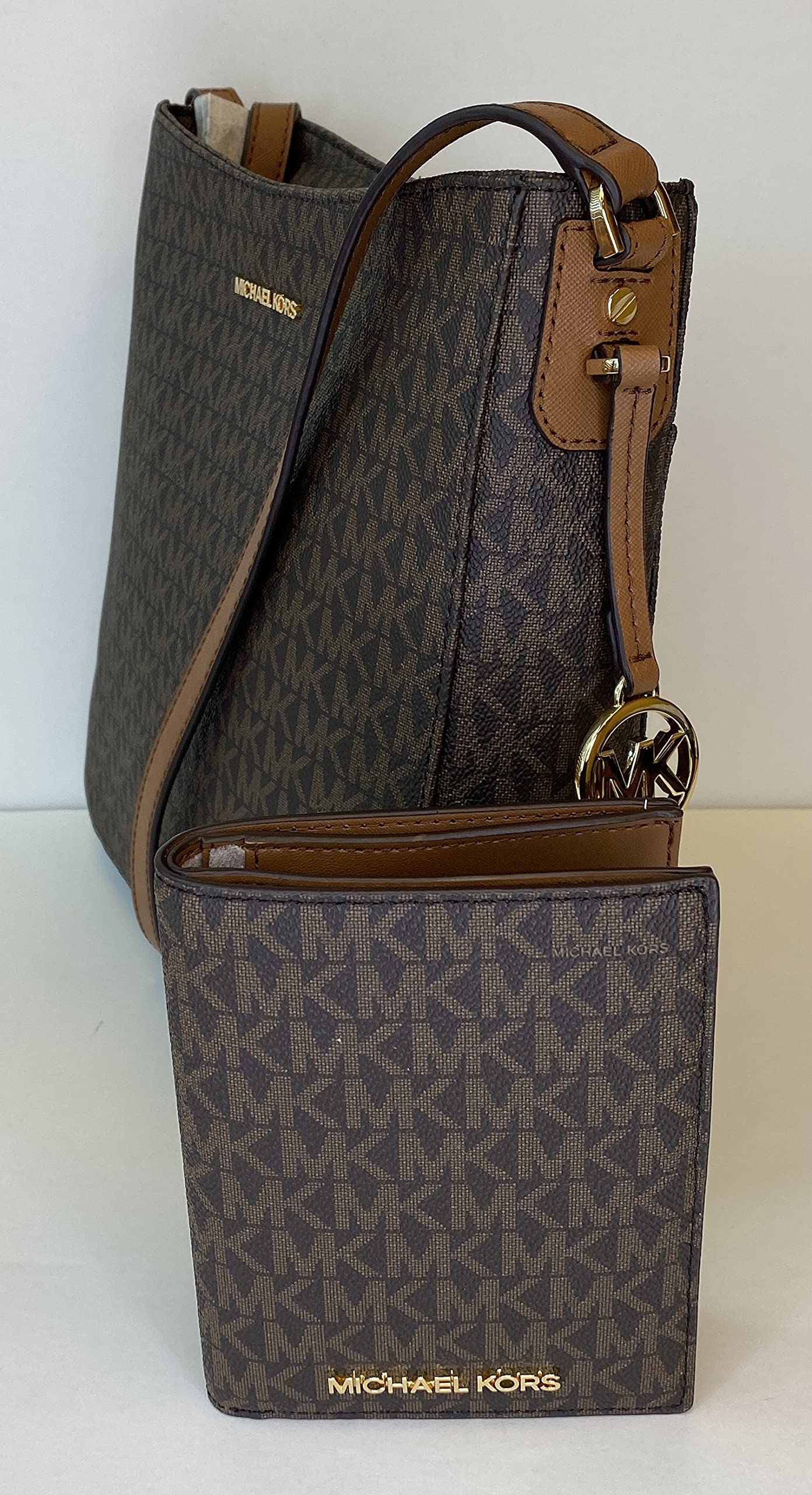 Michael Kors MICHAEL Michael Kors Jet Set Travel Large Messenger Crossbody bundle with Passport Case Purse Hook (Signature MK Brown)