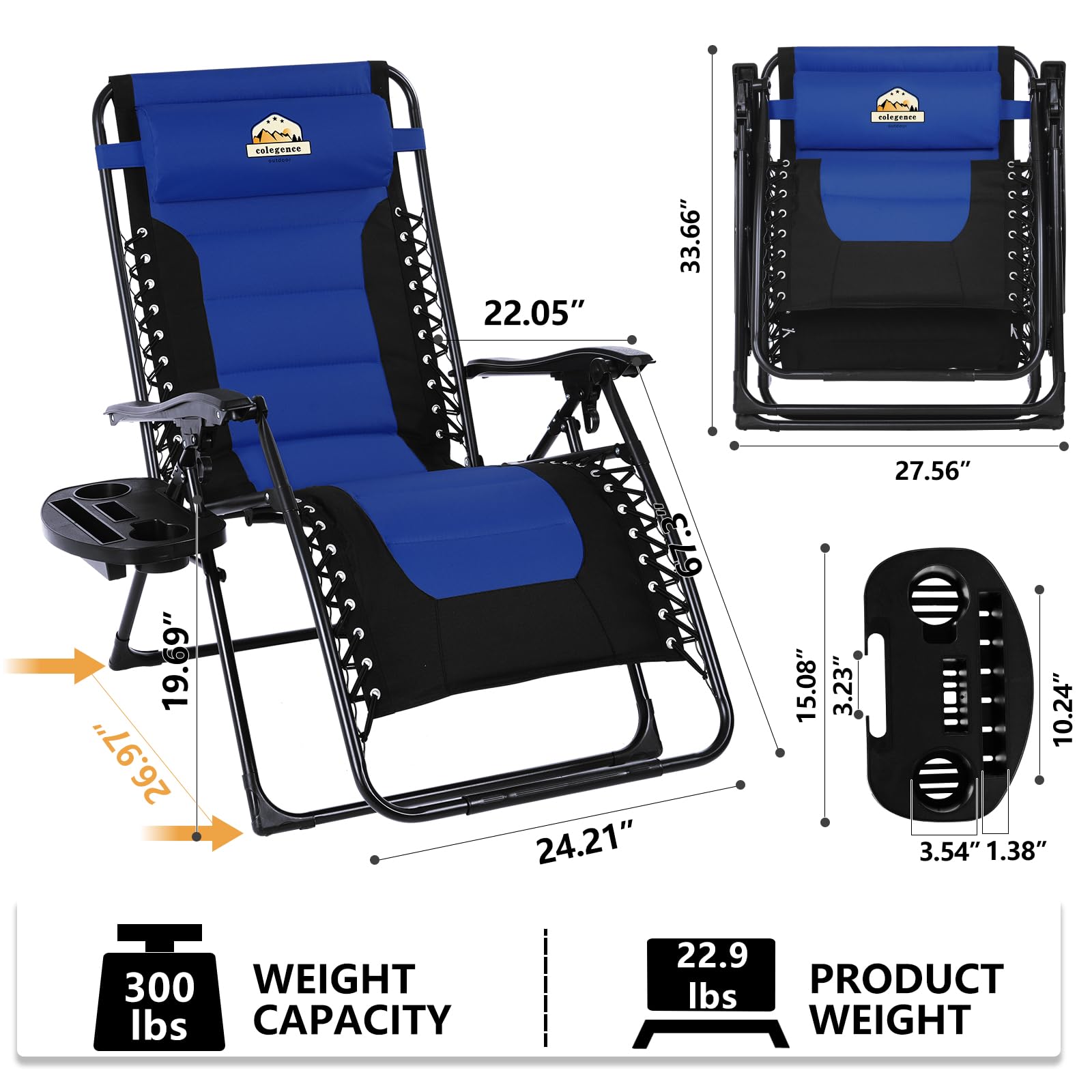 Colegence XL Oversized Zero Gravity Chair, Fully Padded Adjustable Anti Gravity Reclining Lounge Chairs with Cup Holder Folding Recliner for Beach,Camping,Lawn,Patio,Outdoor, Support 300 LBS(Blue)
