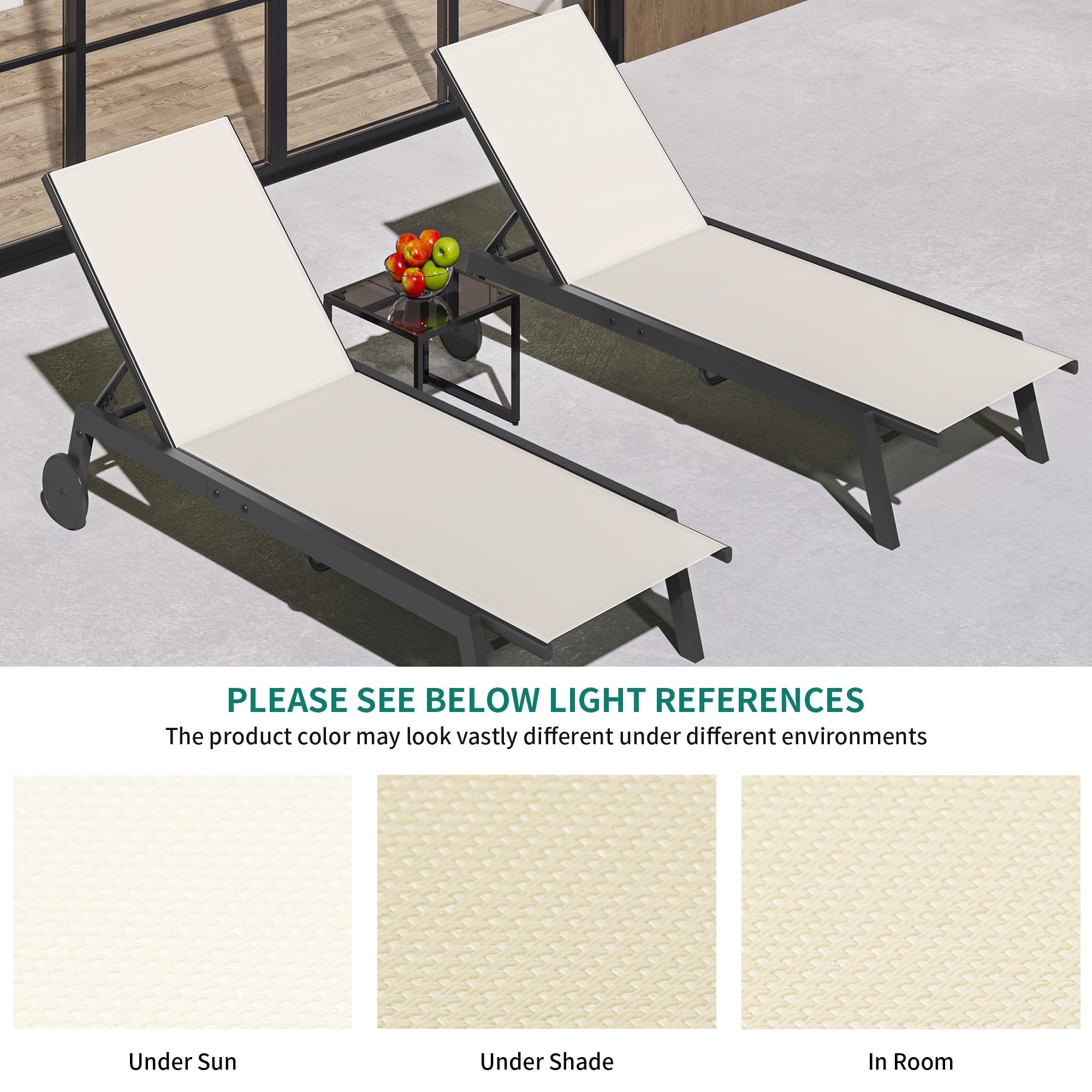 YITAHOME Outdoor Chaise Lounge Chairs Set with Side Table, Adjustable Backrest Poolside Loungers with Aluminum Frame/Textile Fabric/Wheels for Pool Beach Patio Lawn Porch (Beige)