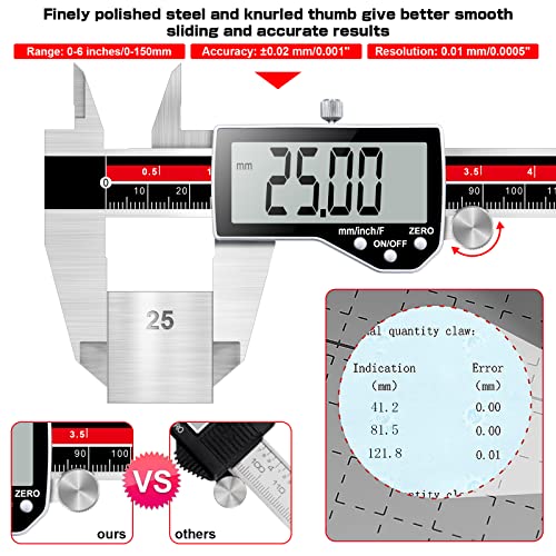 Caliper Measuring Tool, Qfun 6 Inch Electronic Digital Caliper with Stainless Steel and Extra-Large Display, IP54 Waterproof Vernier Calipers for Engineer Carpenter