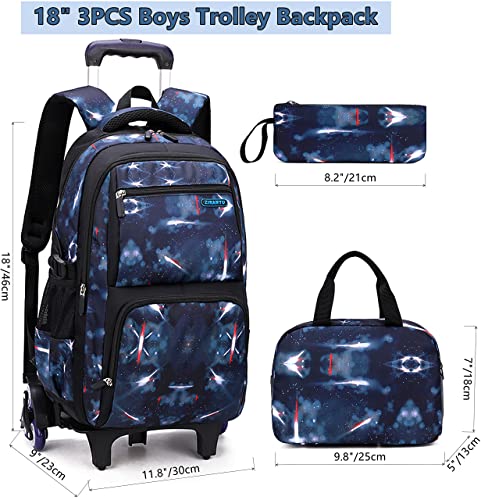 Egchescebo 18" School Kids Rolling Backpack for Adults With Wheels Trolley Wheeled Backpacks for Boys Students Travel Bags Adults With Lunch Box Pencil bag 3PCS Navy Blue