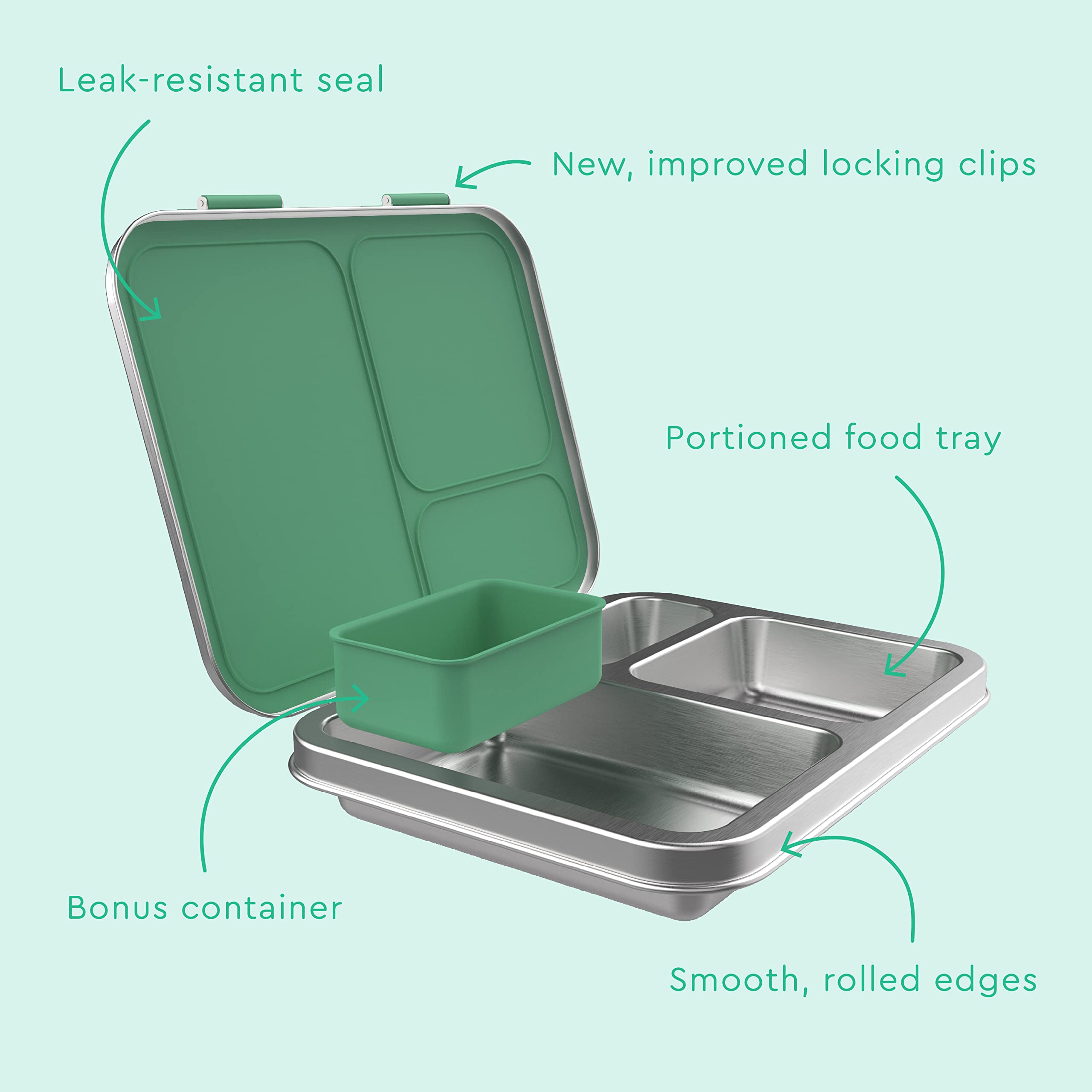Bentgo® Kids Stainless Steel Leak-Resistant Lunch Box - Bento-Style Redesigned in 2022 w/Upgraded Latches, 3 Compartments, & Extra Container - Eco-Friendly, Dishwasher Safe, Patented Design (Green)