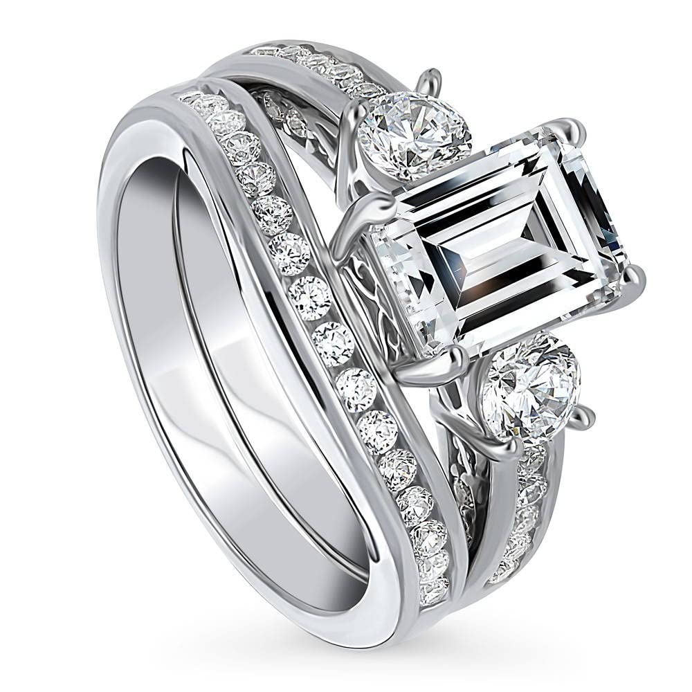 BERRICLE Sterling Silver 3-Stone Wedding Engagement Rings Emerald Cut Cubic Zirconia CZ Ring Set for Women, Rhodium Plated Size 6