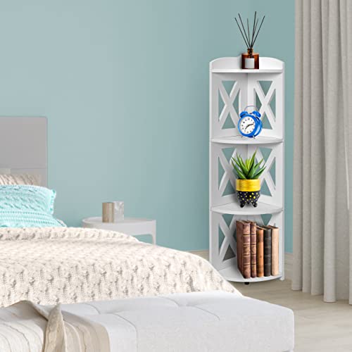 NHZ Corner Shelf Stand, Wood Corner Bookshelf, Corner Bookcase and Plant Stand (White, 4 Tier)