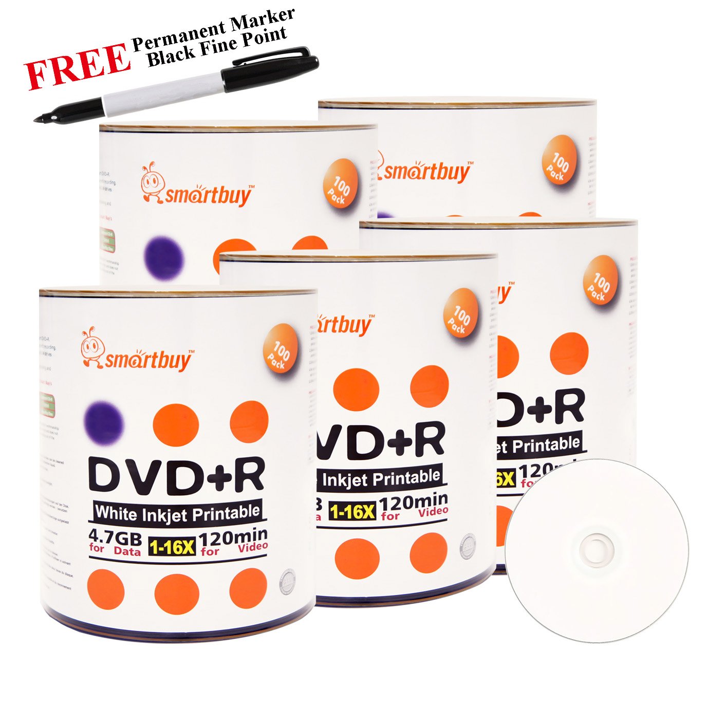 Smartbuy 500-disc 4.7GB/120min 16x DVD+R White Inkjet Hub Printable Blank Media Disc + Black Permanent Marker