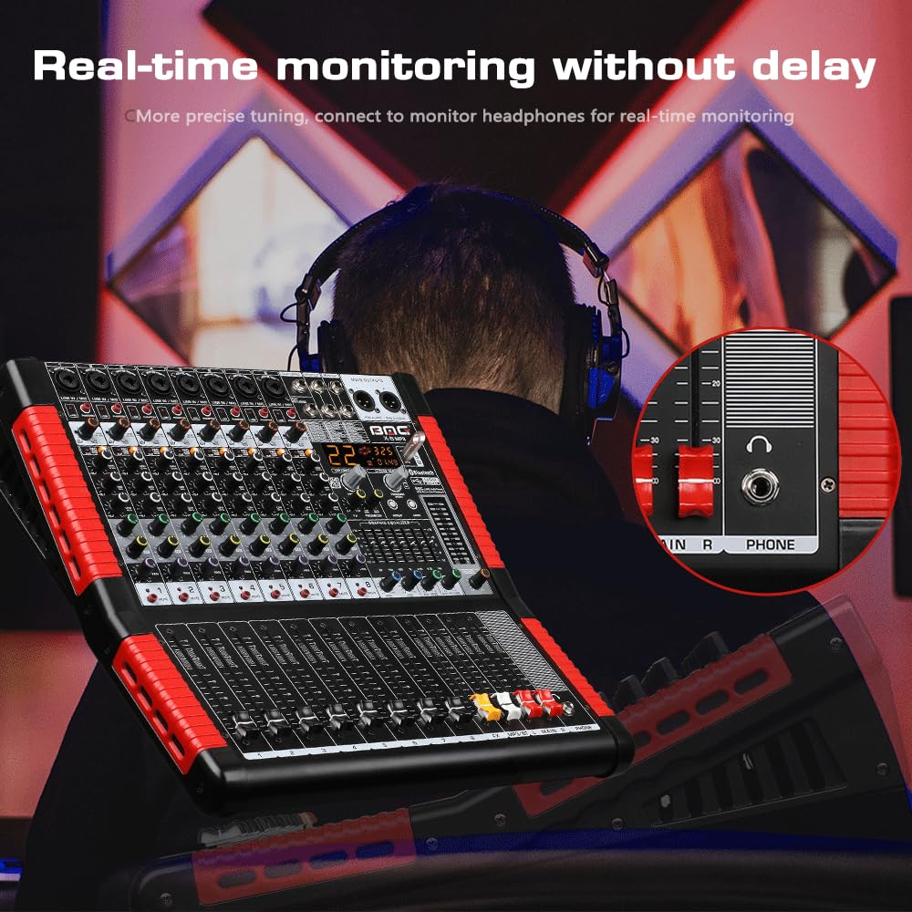 BOMGE X-8 Professional 8 Channel Audio Mixer Sound Board Mixing Console 8 Mic/Line Input Interface USB/MP3/Bluetooth Input 48V Phantom Power 24 FX DSP For PC, Studio Recording, Live Performance
