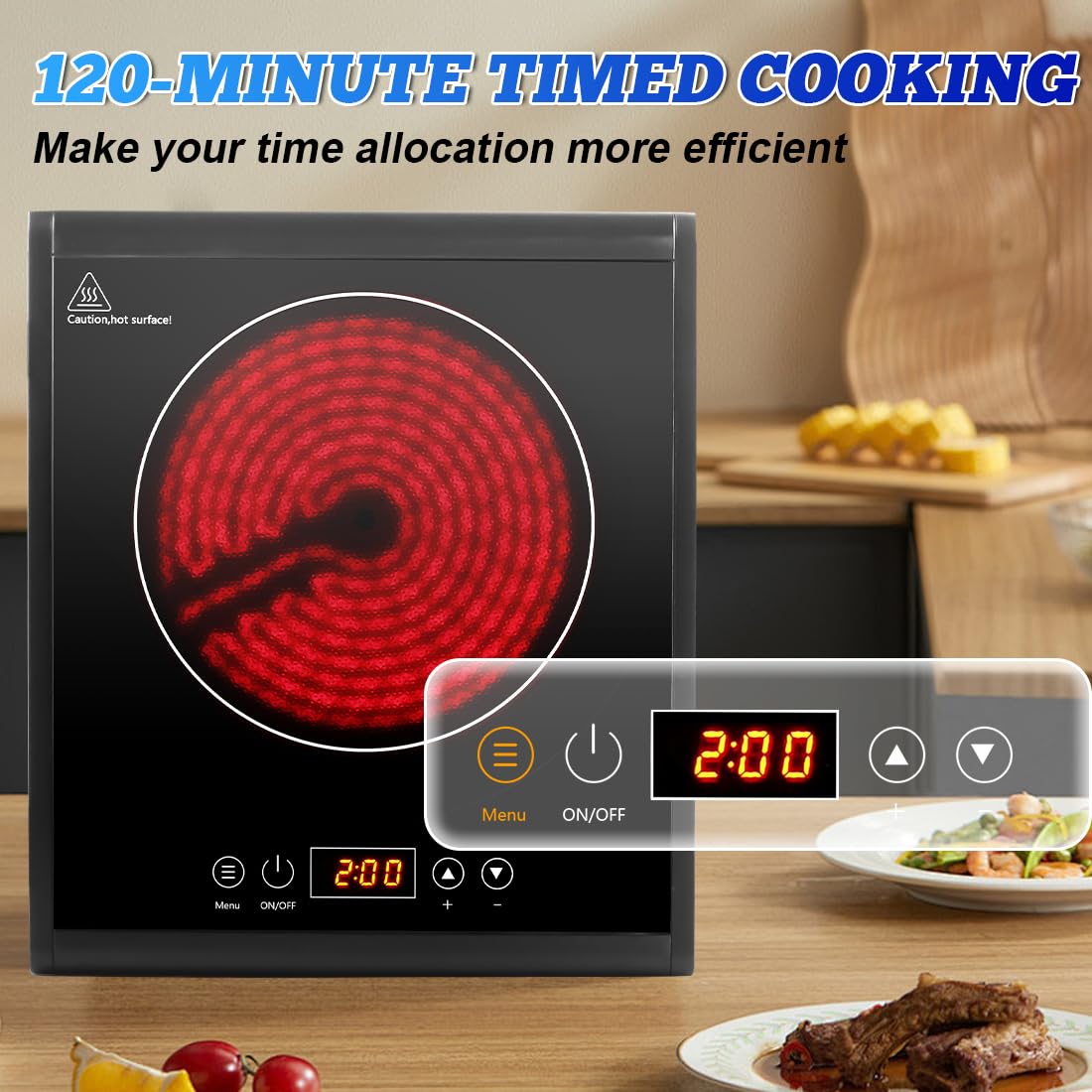 CUSIMAX 1500W Hot Plate Electric Stove with LED Display, Portable Infrared Electric Burner Ceramic Cooktop, Adjustable 15 Power and Time 2h, Compatible with All Cookware