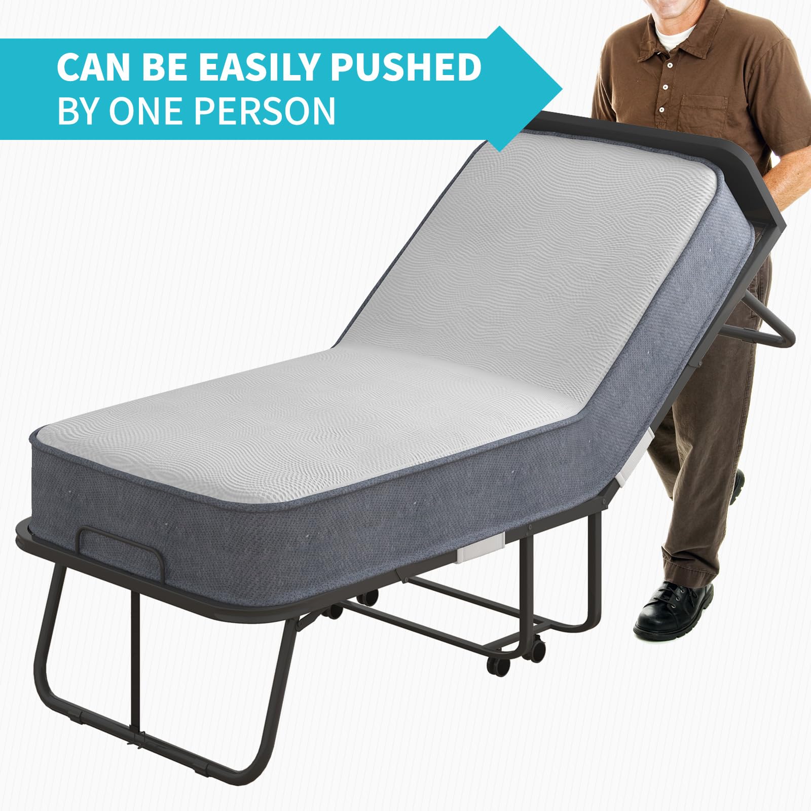 CECER Rollaway Bed with 5 Inch Foam Mattress, 75" x 31" Folding Bed, Cot Size Space-Saving Guest Bed with Headboard, Portable Foldable Bed for Adults with Sturdy Metal Frame and Dust Cover