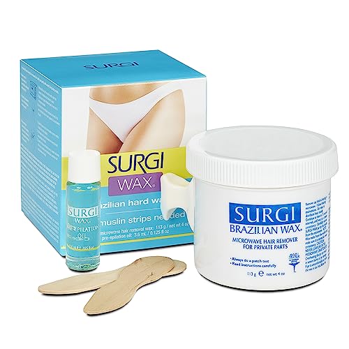 SURGI WAX Brazilian Hard Wax Kit 4oz, Waxing Kit for Hair Removal with pre-elipation Oil (82563)