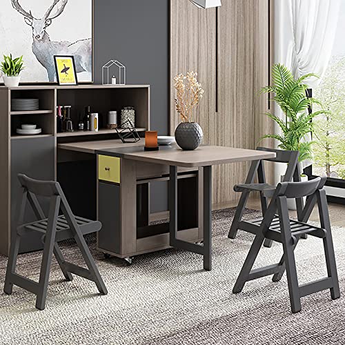 FUNROLUX Folding Dining Table with Storage Rack and 2 Drawers, Movable Kitchen Table Extendable Versatile Table Space Saving Foldable in 3 Forms (Grey)