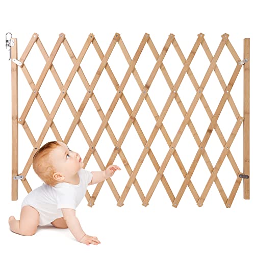 Expandable Accordion Dog Gate, Wooden Accordian Expansion Dog Gate for Doorway Stairs, Retractable Gate Safety Protection for Small Medium Pet Dog, 8" to 42" W, 28.7" H (Upgraded Accordion Dog Gate)