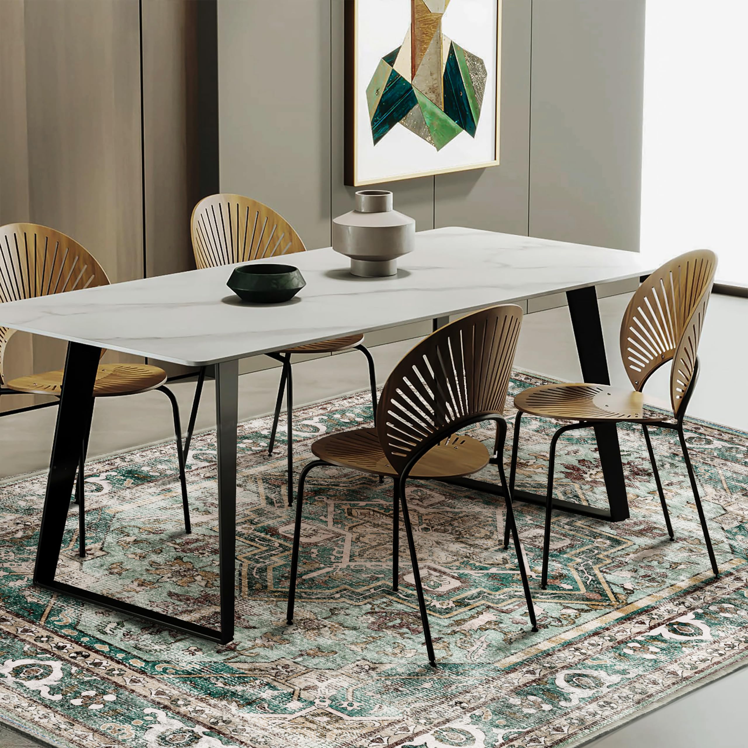 CHAMPLANT 6'x9' Green Washable Area Rug Boho Chic Medallion Distressed Design Non-Shedding Easy Care Ideal for High Traffic Areas in Living Room Bedroom Office Kitchen Coffee Table Large Carpet
