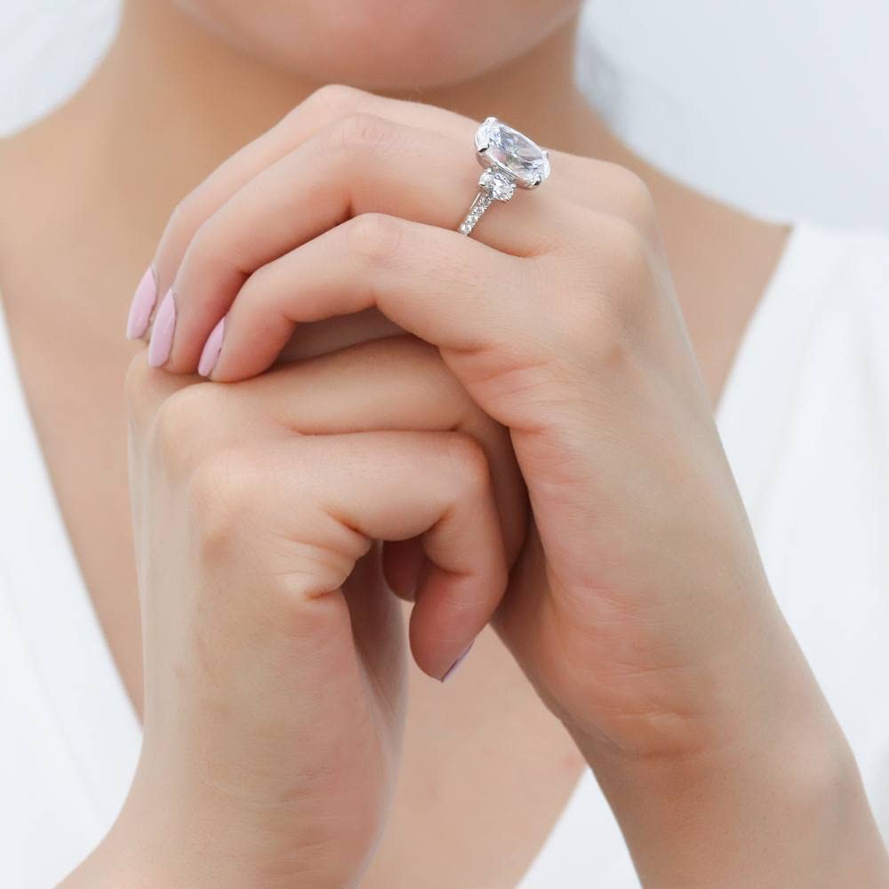 BERRICLE Sterling Silver 3-Stone Wedding Engagement Rings Oval Cut Cubic Zirconia CZ Statement Cocktail Anniversary Ring for Women, Rhodium Plated Size 8