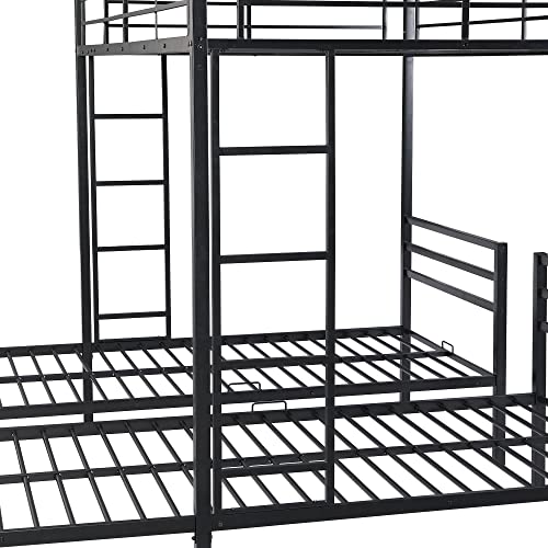 DEYOBED Full Over Twin & Twin Metal L-Shaped Triple Bed Bunk Bed with Shelf and Dual Ladders - Functional and Stylish Sleep Arrangement for Kids, Teens, Adults