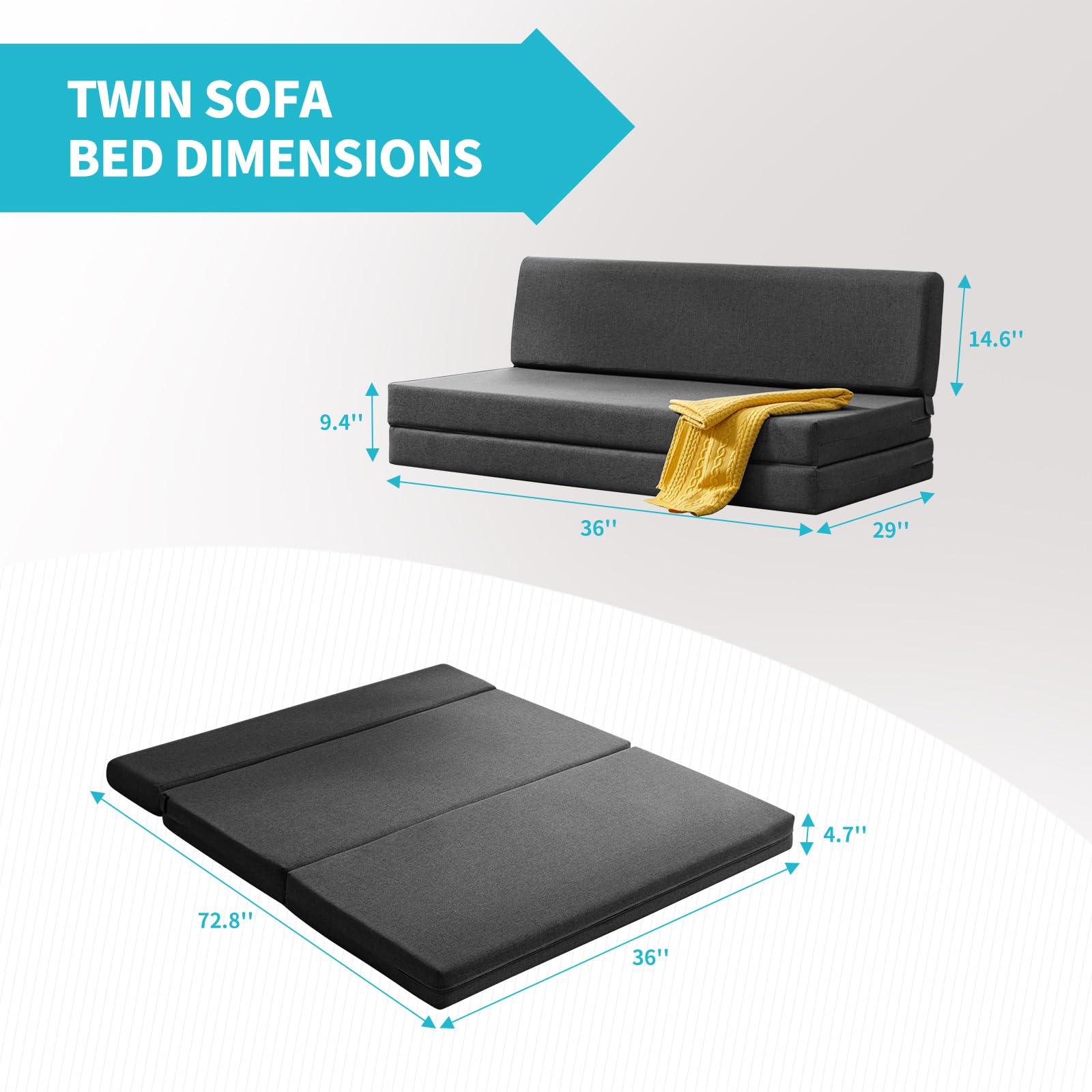 CECER Twin Size Folding Sofa Bed,Twin Bed Mattress Folding Foam Mattress,Upholstered Convertible Floor Mattress,Fold Down Guest Sofa Bed for Living Room/Office/Apartment(Dark Grey)