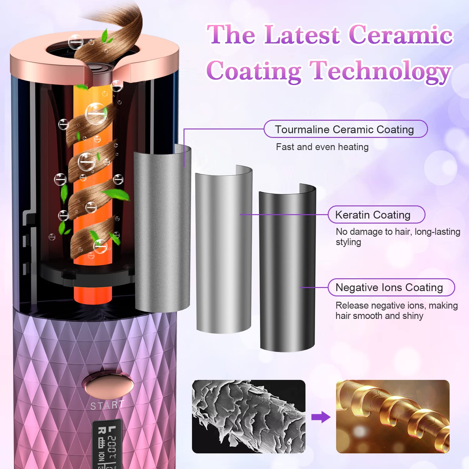 Automatic Curling Iron, Cordless Auto Hair Curler w/ 6 Temp & Timer, Rechargeable Ceramic Hair Curlers, Portable Rotating Curling Wand Styling Tool, Fast-Heating, Auto Shut Off