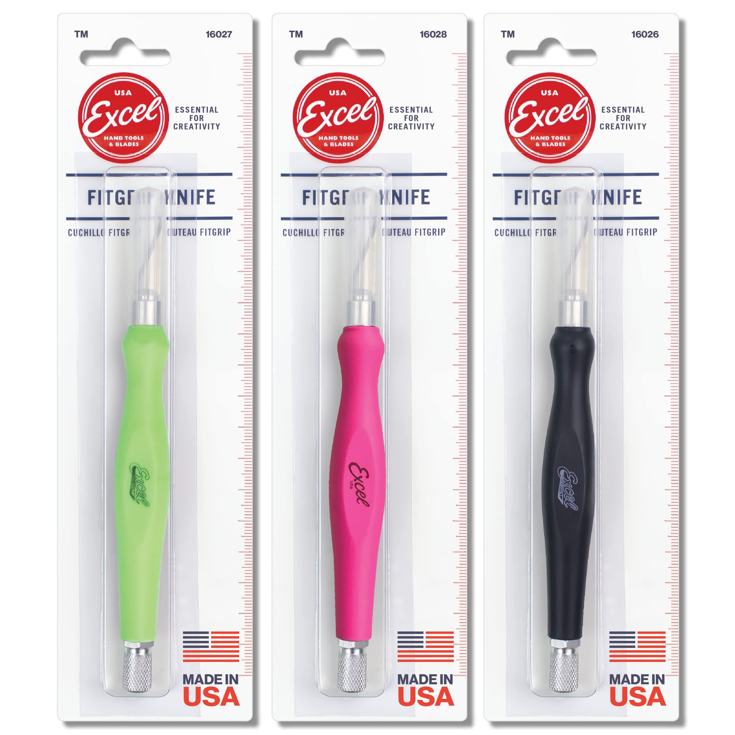 Excel Blades Fit Grip Knife - Made in the USA - Light Duty Cutting Tool For Precision Cutting & Trimming - 3 Pack, Assorted Colors