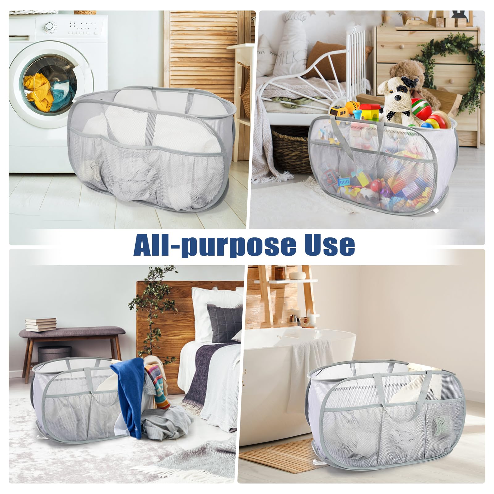 Collapsible Laundry Baskets, Upgrade Pop Up Laundry Hamper with Convenient Bags, Foldable Laundry Basket Mesh Light Weight, Easy to Carry Clothes Hampers for Laundry, Dorm, Toys, Travel Grey