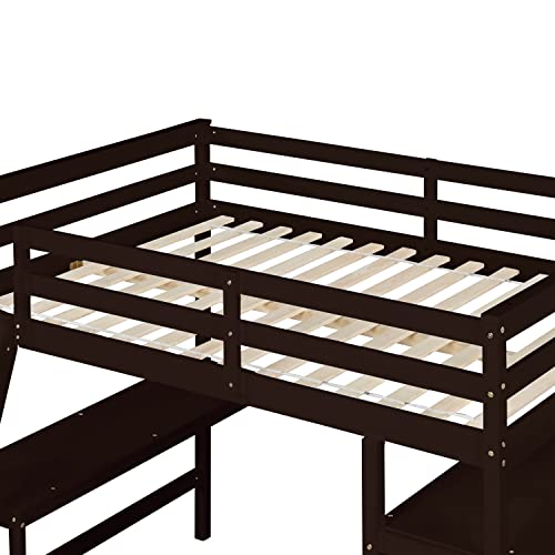 DEYOBED Full Size Wooden Loft Bed Frame with Under-Bed Desk and 4-Tier Storage Shelves - Stylish and Practical Furniture for Enhanced Bedroom Organization