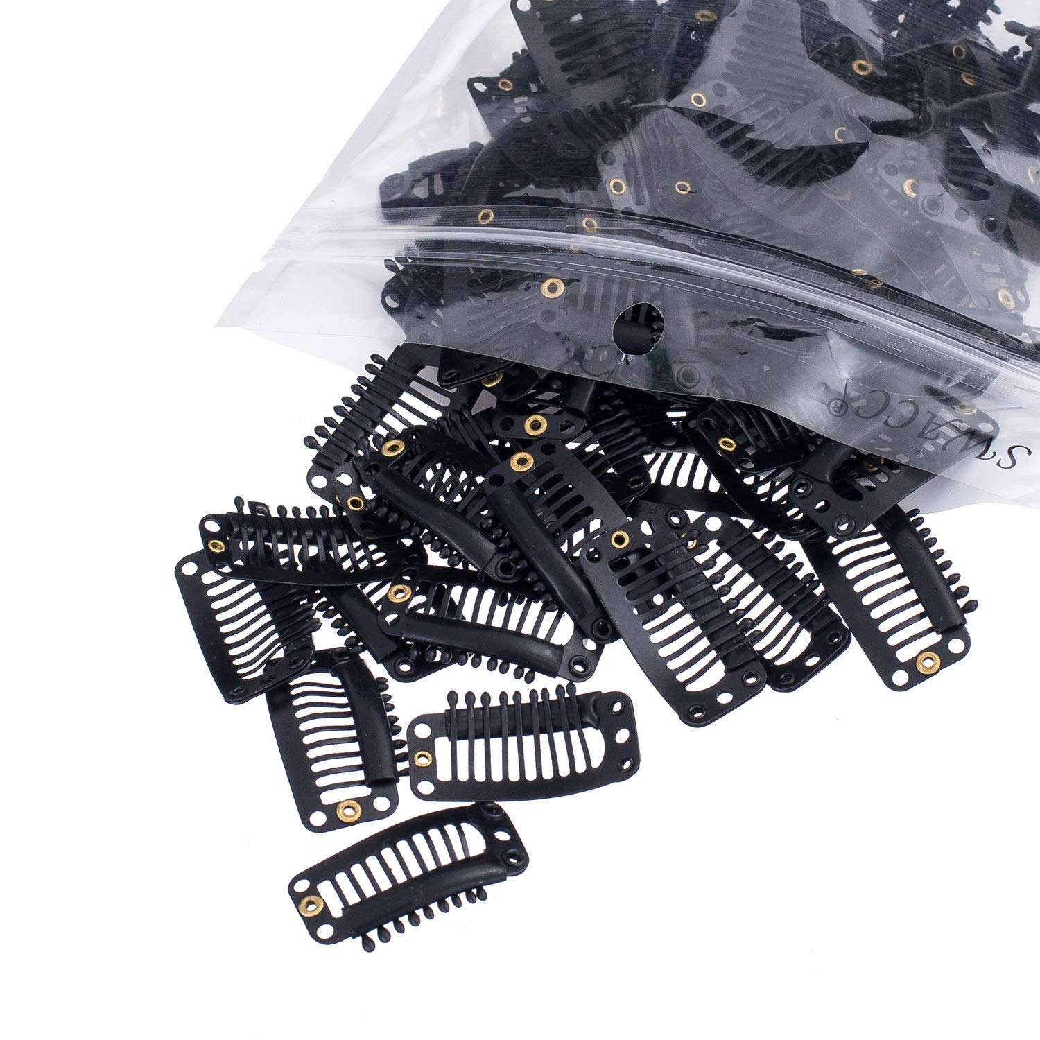 SWACC 100 Pcs U Shape Metailic Snap Clips ins for Hair Extension Hairpiece DIY Snap-Comb Wig Clips with Rubber (Black, 9-Teeth 6 Holes)