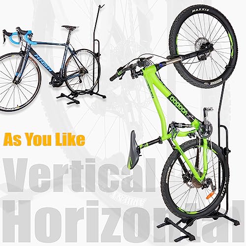 CyclingDeal Upright Bike Stand - Premium Quality Vertical & Horizontal Adjustable Bicycle Floor Parking Rack - Safe & Secure for Storing MTB Road Bikes - Pack of 2