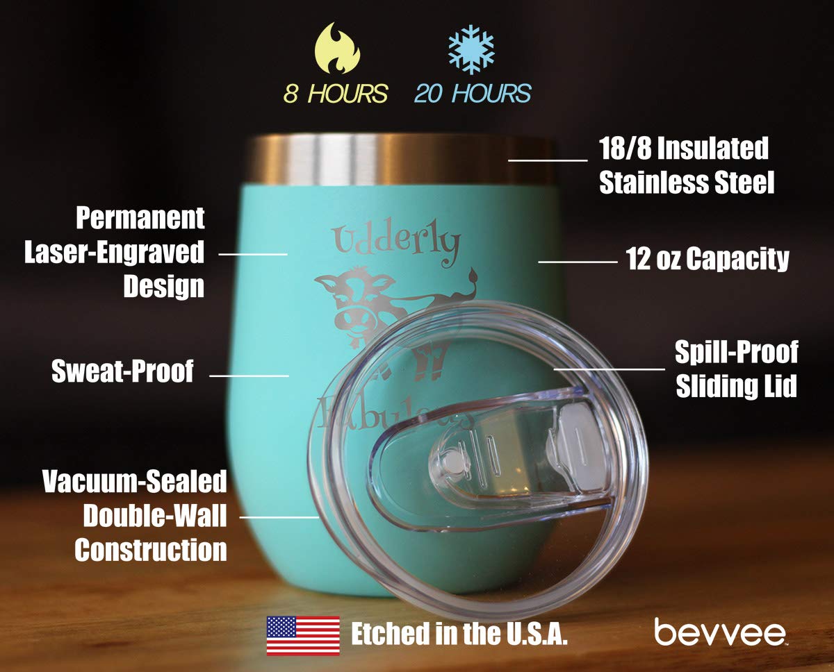 Bevvee Udderly Fabulous - Cow Wine Tumbler with Sliding Lid - Stemless Stainless Steel Insulated Cup - Funny Outdoor Camping Mug - Teal