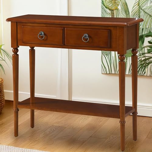 Coastal 30 in. Solid Wood Hall Console Table with Drawer Storage, Pecan Brown β Leick Home, 20027-PC