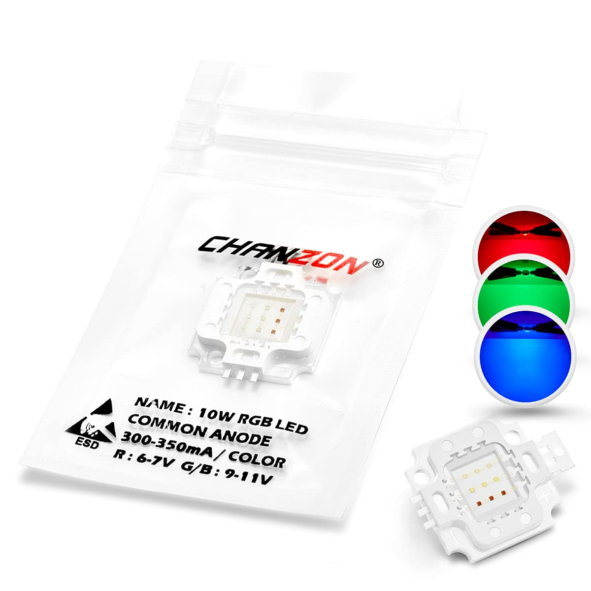 CHANZON High Power Led Chip 10W RGB Common Anode (300mA - 350mA for Each Color) Multicolor Super Bright Intensity SMD COB 10 Watt Light Emitter Components Diode 10 W Bulb Lamp Beads DIY Lighting