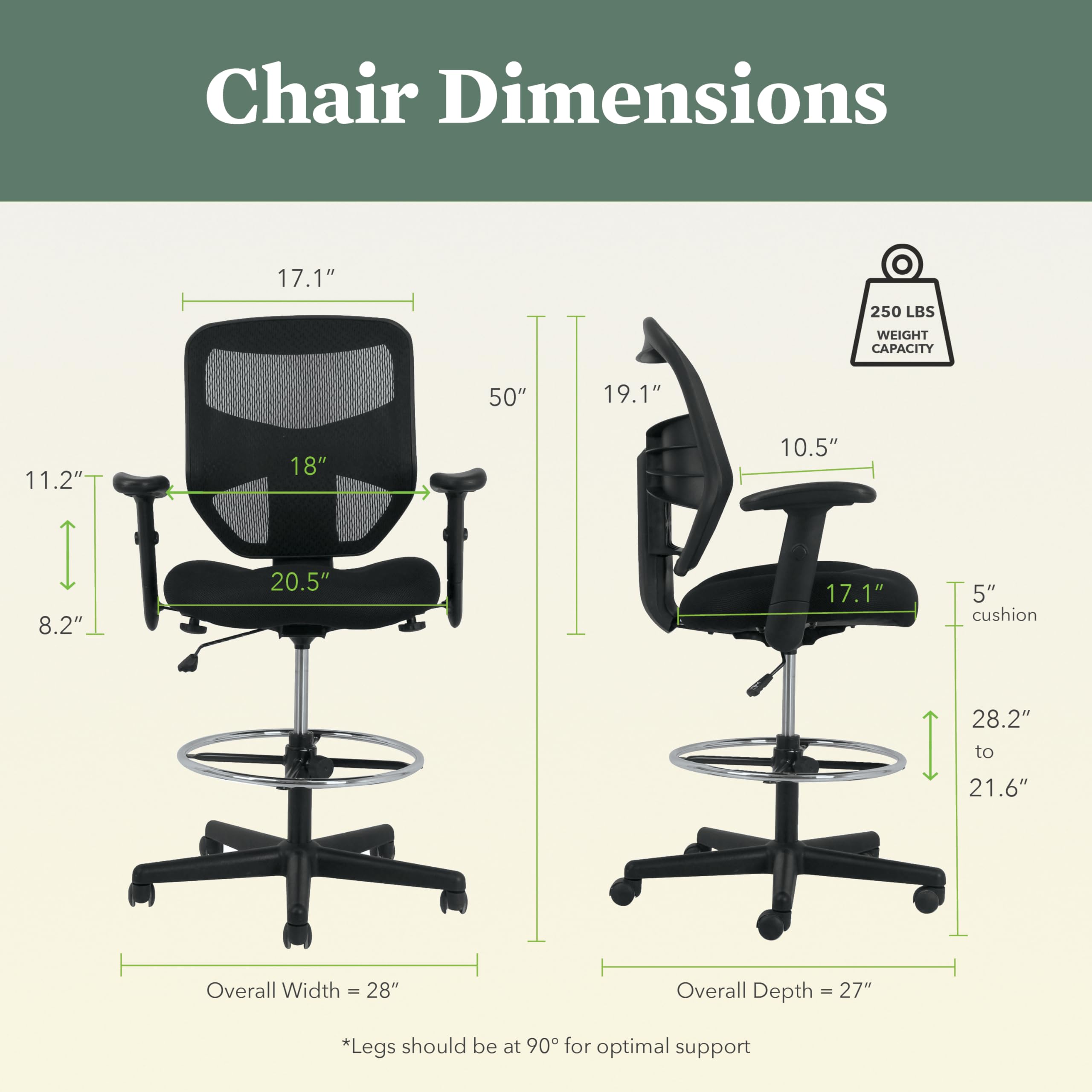 HON Prominent Standing Desk Stool Adjustable Tall Office Chair with Foot Rest, High Back Support, Arms - Standing Desk Chair Ergonomic Office Chair Counter Height Drafting Chair Swivel Rolling Wheels