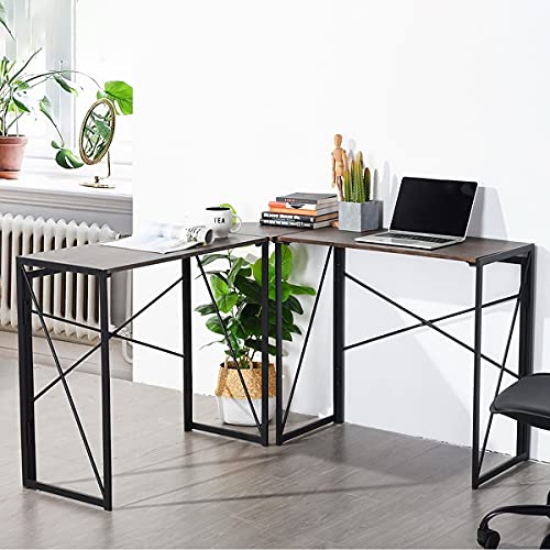Geniqua 3-Piece L-Shaped Wooden Computer Folding Table Corner Desk Space-Saving Industrial Style PC Laptop Desk for Workstation Home Office