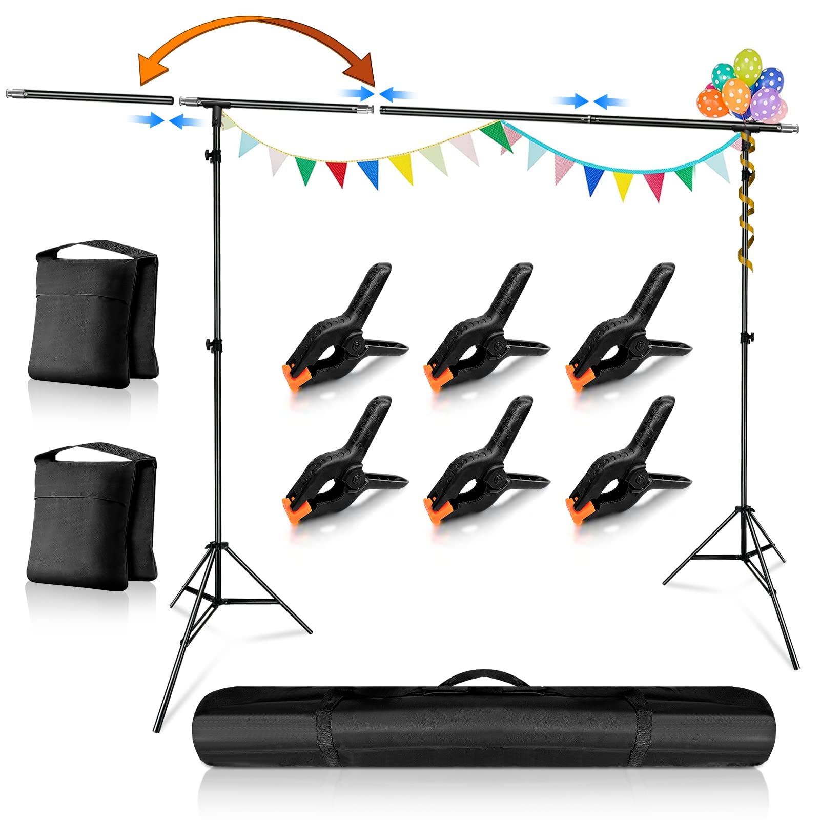 Backdrop Stand, iFongsh Adjustable Backdrop Stand 6.6x10ft, 2 T-Shape Stand with 6 Spring Clamps, 2 Sandbags, and Carrying Bag, Photo Backdrop Stand for Parties, Wedding, Ad, Christmas Decoration