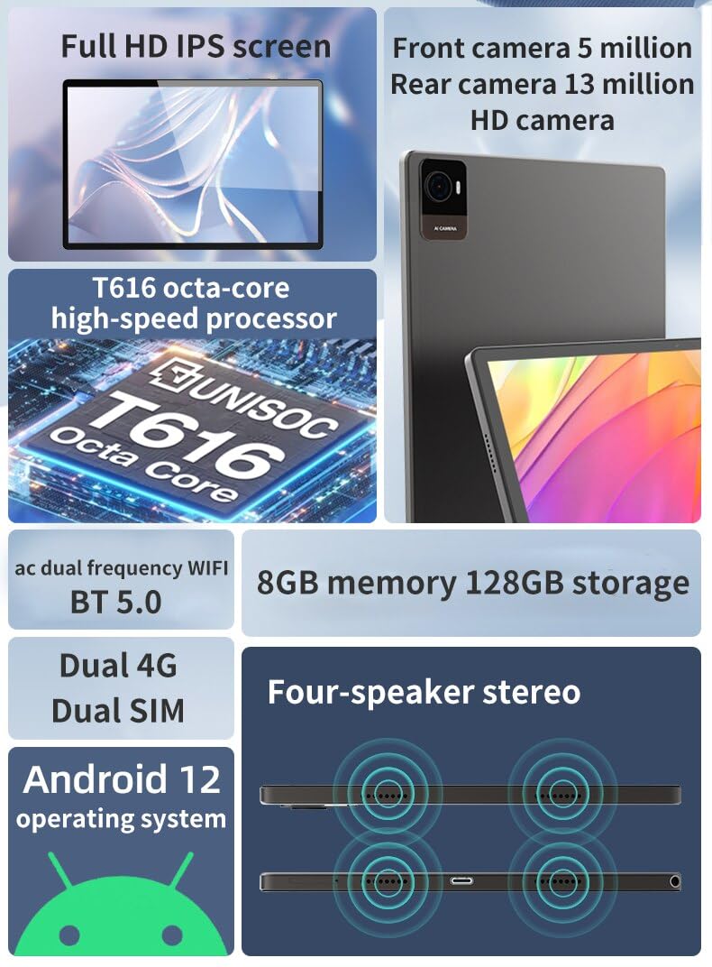 AXCID Jumper EZpad M11 10.5 Inches Android 12 8GB RAM 128G ROM UNISOC T616 13.0MP Rear +5.0MP Front Camera 4G LTE Students Entertainment 7000mAH Android Tablet PC