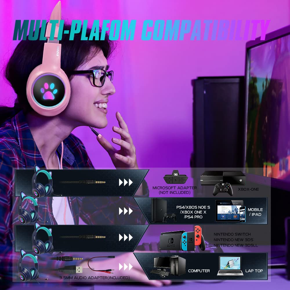 MIDOLA Gaming Wired AUX 3.5mm Cat Ear Headphone Over Ear LED Light Fit Adult & Kids Girl Boy Foldable Stereo Headset Earmuffs with Mic for PC PS4 Game Cellphone Laptop Pad Pink