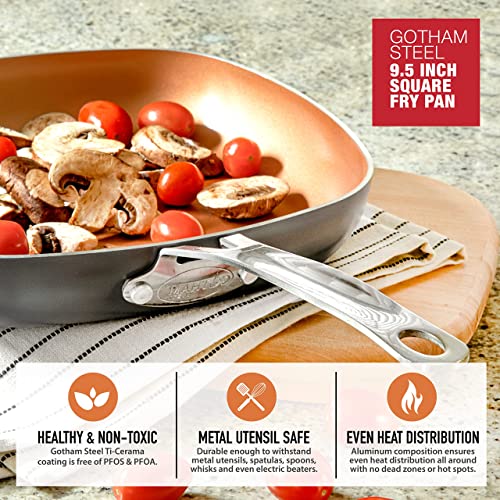 GOTHAM STEEL Non Stick Frying Pan Nonstick 9.5 Inch Square Ceramic Pan for Cooking, Ultra Nonstick Frying Pan with 20% More Cooking Surface, Skillet Pan, Induction/Oven/Dishwasher Safe, Non Toxic