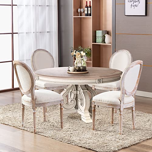 COLAMY French Country Dining Chairs Set of 4, Upholstered Farmhouse Dining Room Chairs with Round Back, Solid Wood Legs, Accent Side Chairs for Kitchen/Living Room/Bedroom- Beige