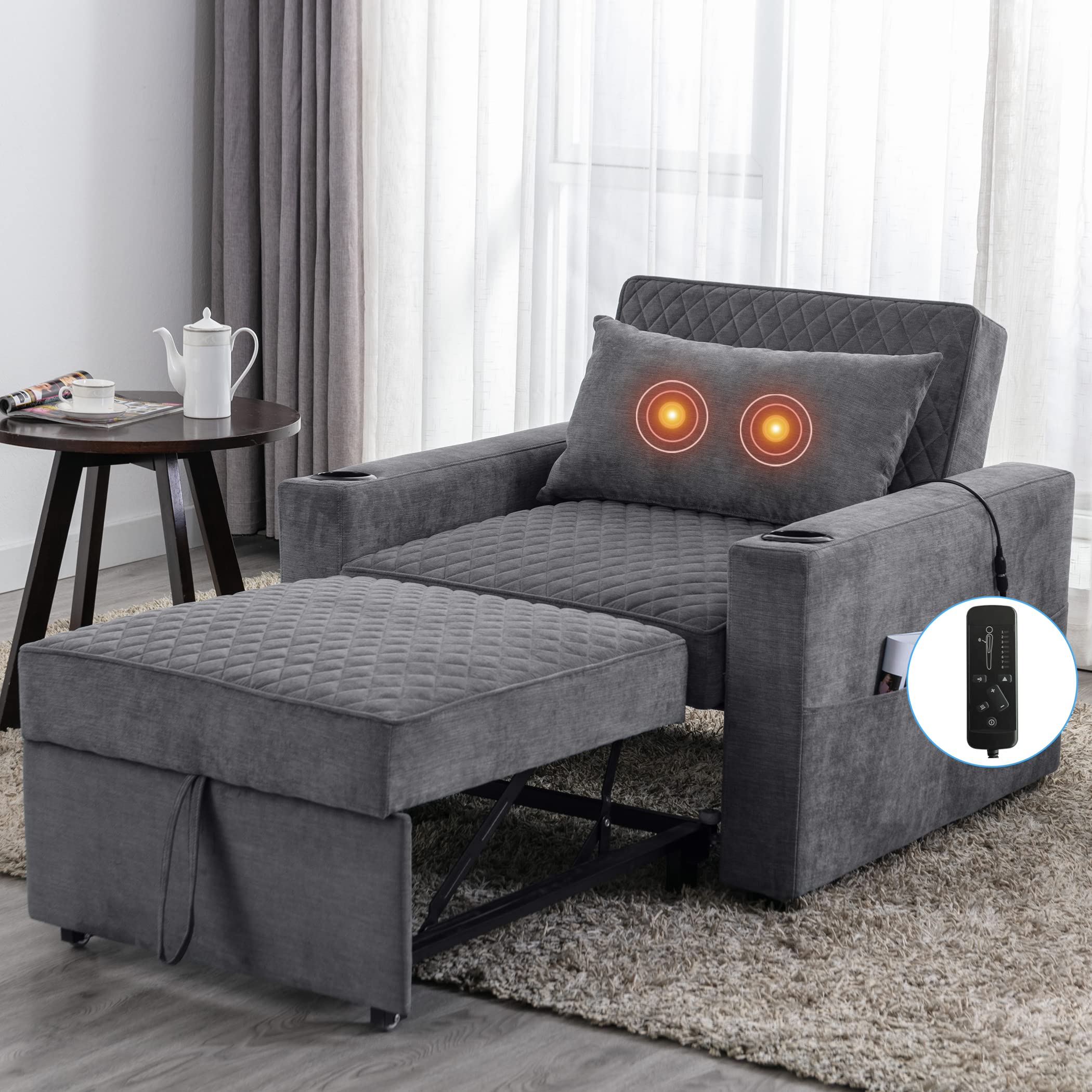 Centilab Sleeper Chair, 3 in 1 Convertible Chair Sleeper with Massage and Heat Pillow, Adjustable Recliner Chair Multi-Functional Massage Chair Recliner for Drawing Room,Bedroom, Office (Grey)
