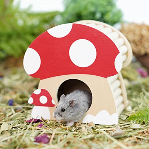 Hamster Mini House, Mushroom-Shaped Wood Hide Home for Dwarf Hamsters, Rat, Gerbils, Syrian, Mice, Small Animals Hideout Habitat Hut, Wooden Hamster Hideaway Toys, Indoor Cave Cage Accessories