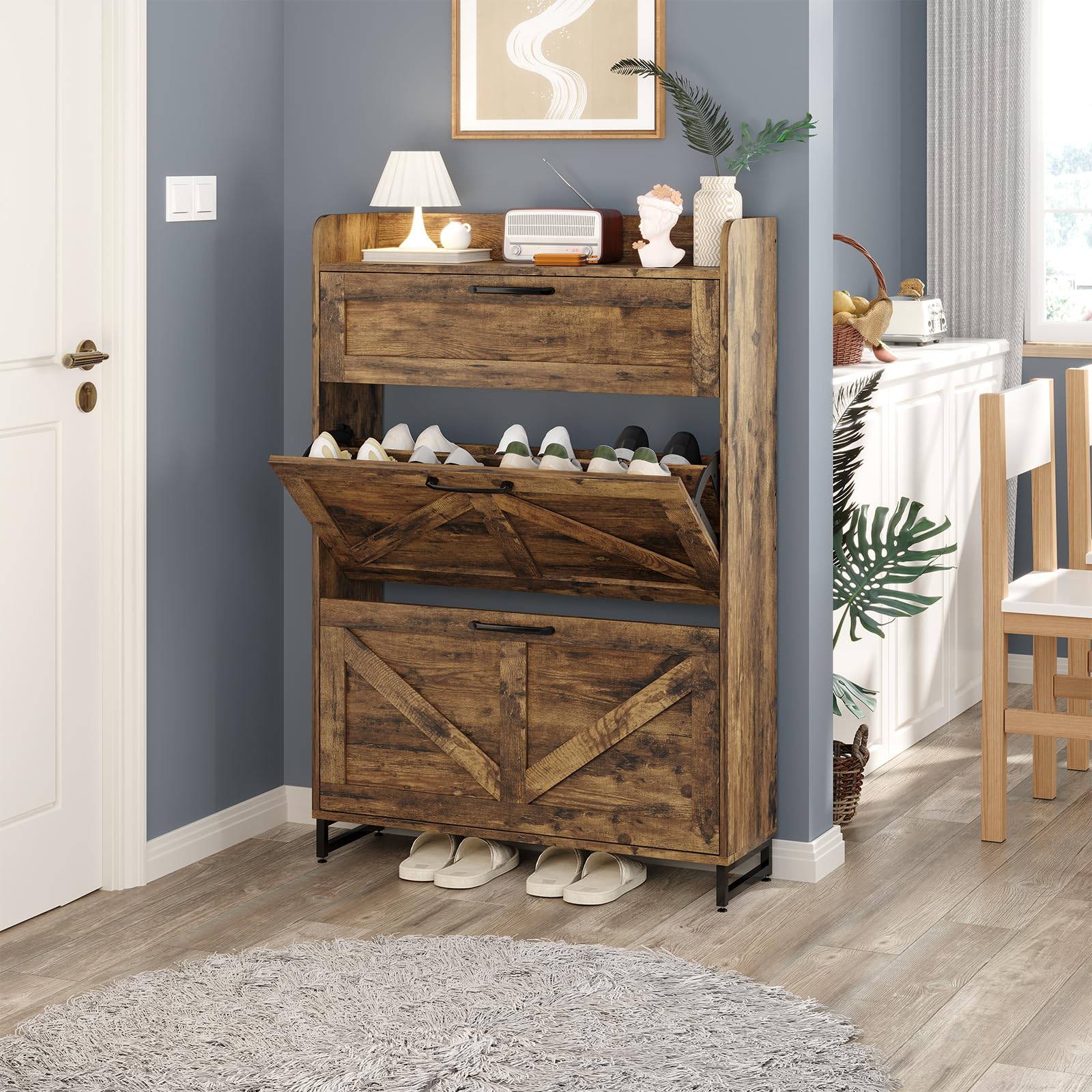 CollaredEagle Shoe Cabinet, Shoe Storage Cabinet for Entryway, Free Standing Shoe Storage Organizer with Rattan Doors for Heels, Boots, Rustic Brown