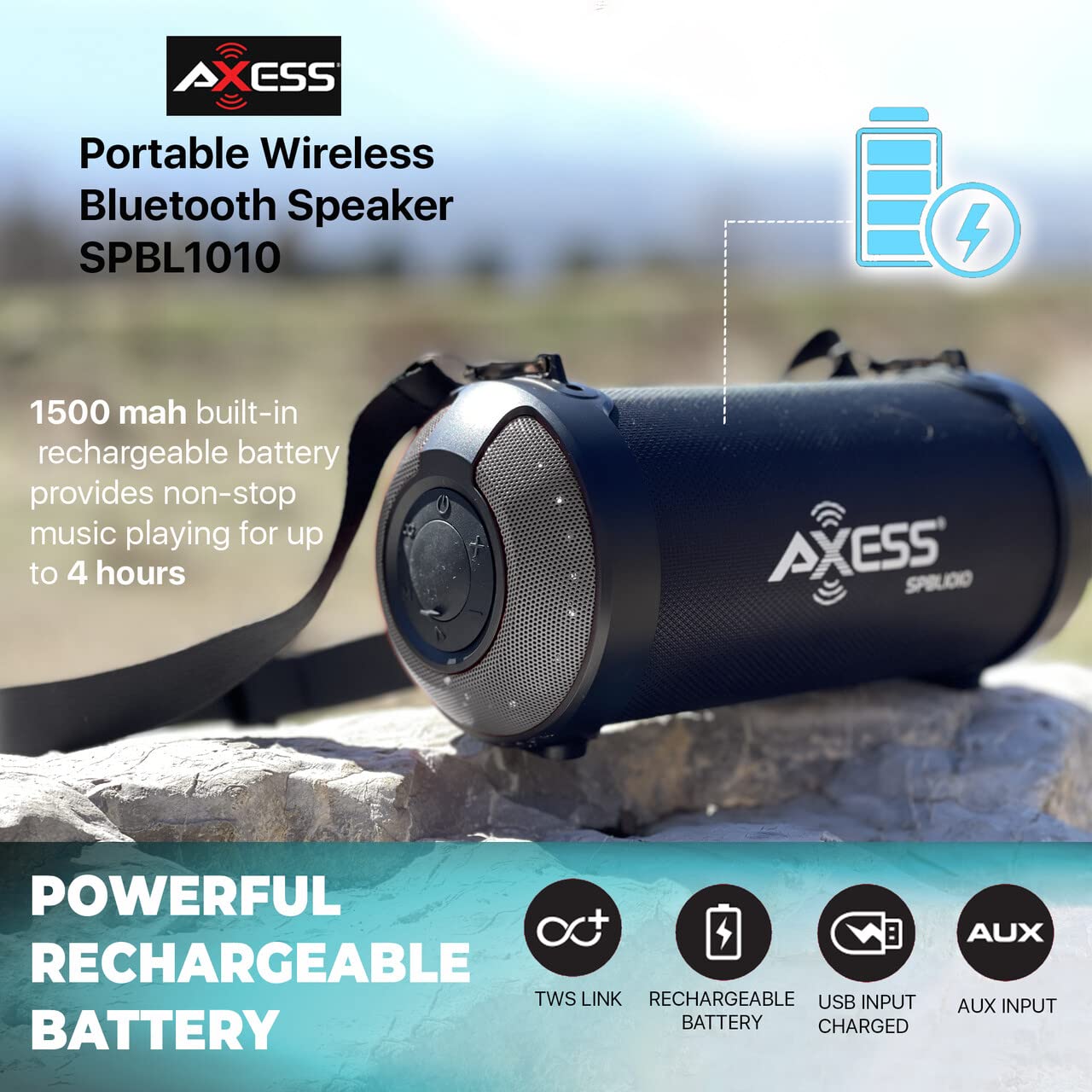 Axess Portable Wireless Bluetooth Speaker β USB C, FM Radio, & Aux Inputs 3β Speaker for Rich Sound & Bass with LED Lights, TWS+ Link, Good for Home Or Outdoor Use SPBL1010 Small Bluetooth Speaker