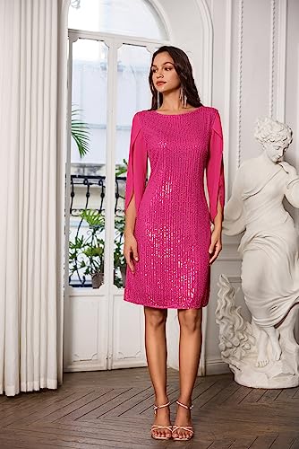 GRACE KARIN Women 3/4 Sleeve Shimmer Sparkle Sequin Party Dresses Rose Red XL
