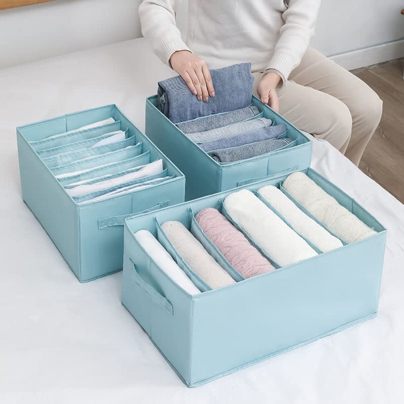 Clothing & Drawer Organizer Bins, Pack of 2 Premium Quality 9-Grid Fabric Storage Containers with Handles, Sea Green & Navy Sea Green Dark blue