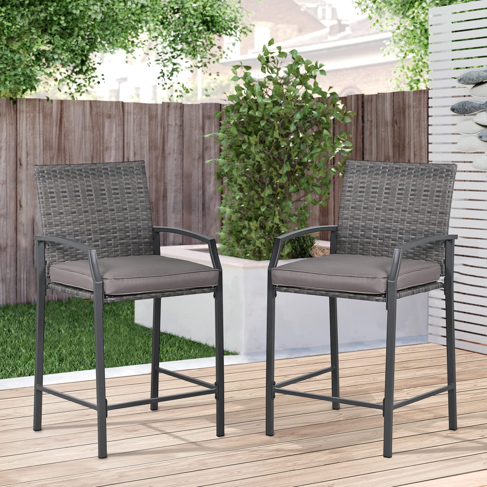 JOIVI Outdoor Wicker Bar Stools Set of 4, Patio Rattan Counter Height Chairs with Cushions, Armrest and Footrest for Indoor, Garden, Poolside, Lawn, Backyard
