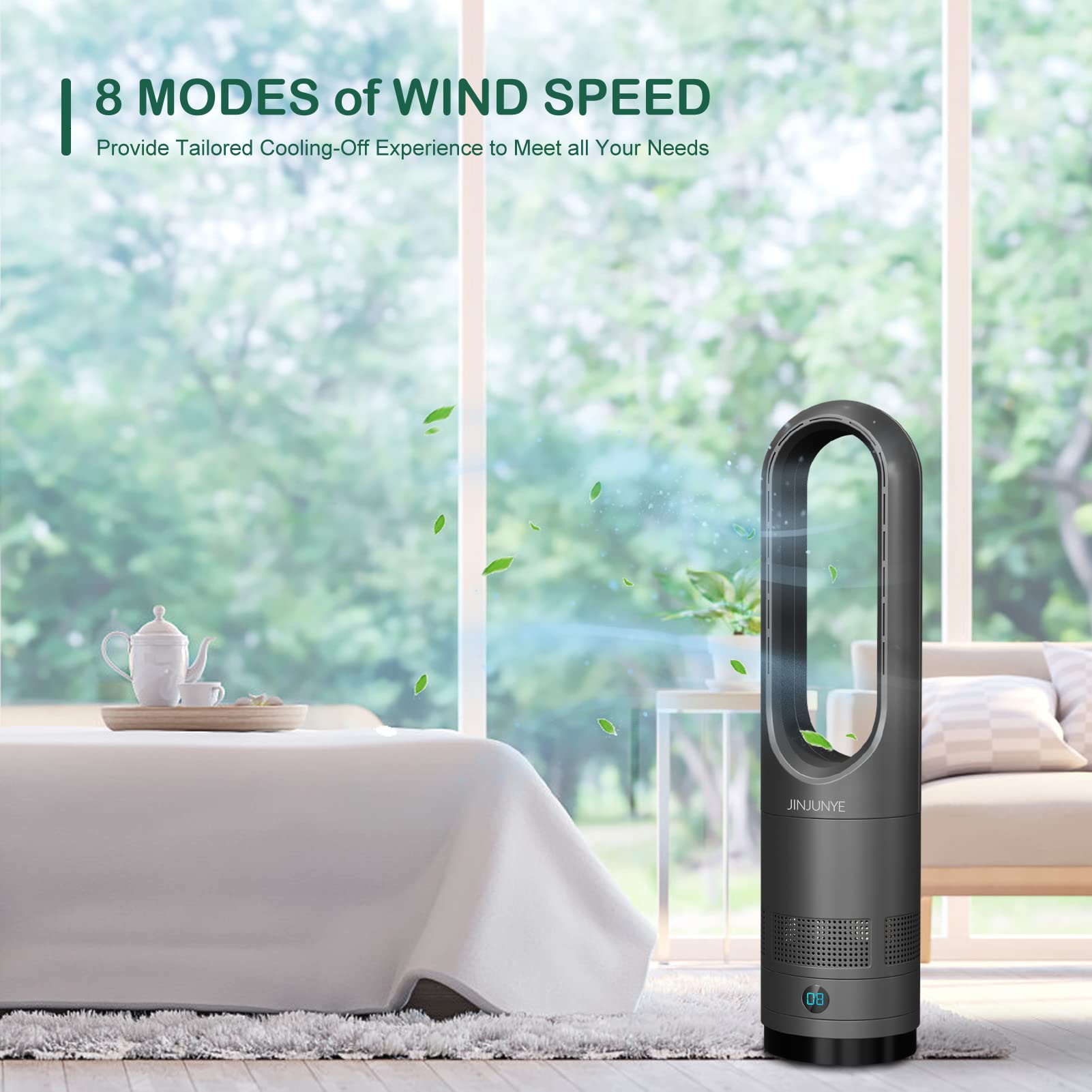 JINJUNYE Bladeless Fan, 22'' Tower Fan with Remote, Quiet Cooling Fan for Bedroom with 8H Timer, 8 Speeds, Portable Fans for Home Bedroom, Kitchen,Office