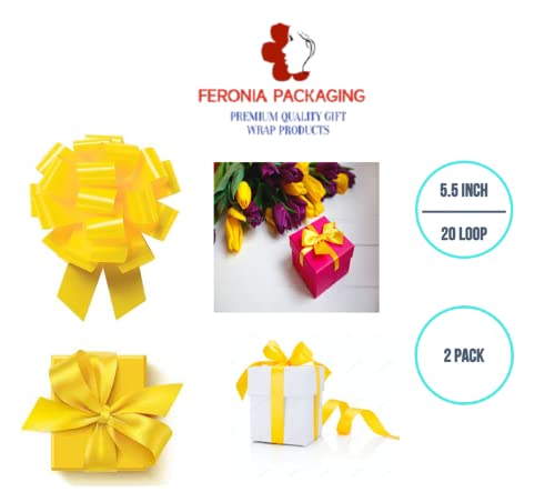 Feronia Packaging 2 Pieces Pull Bow for Gift Wrapping Gift Bows Pull Bow With Ribbon for Wedding Gift Baskets, 5.5 Inch 20 Loop (Yellow)