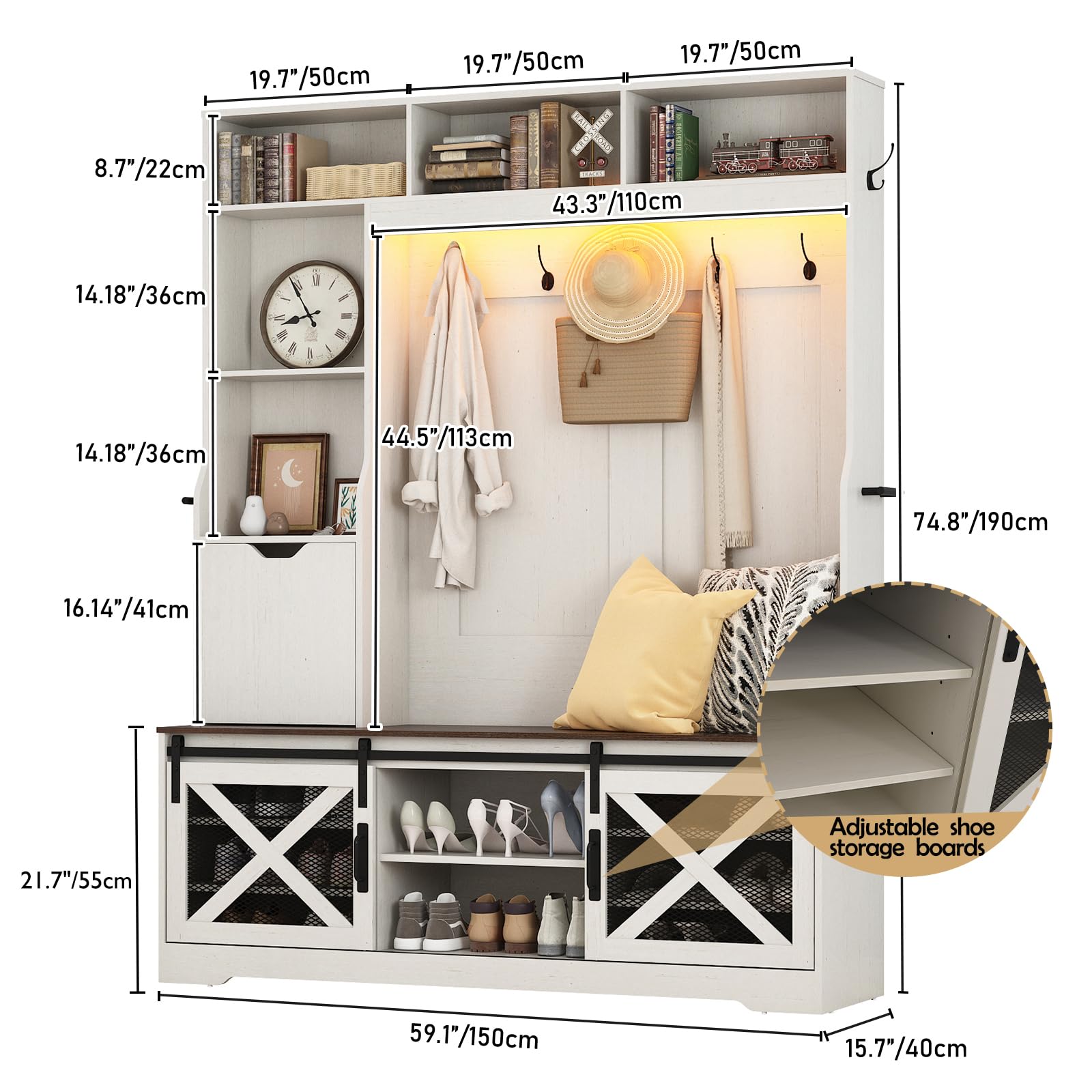 chartustriable 75''H LED Farmhouse Hall Tree with Bench and Shoe Storage,Entryway Bench with Coat Rack,16 Shoe Cubbies & Umbrella Holder and Sock Storage Drawer,Mudroom/Hallway Storage Cabinet