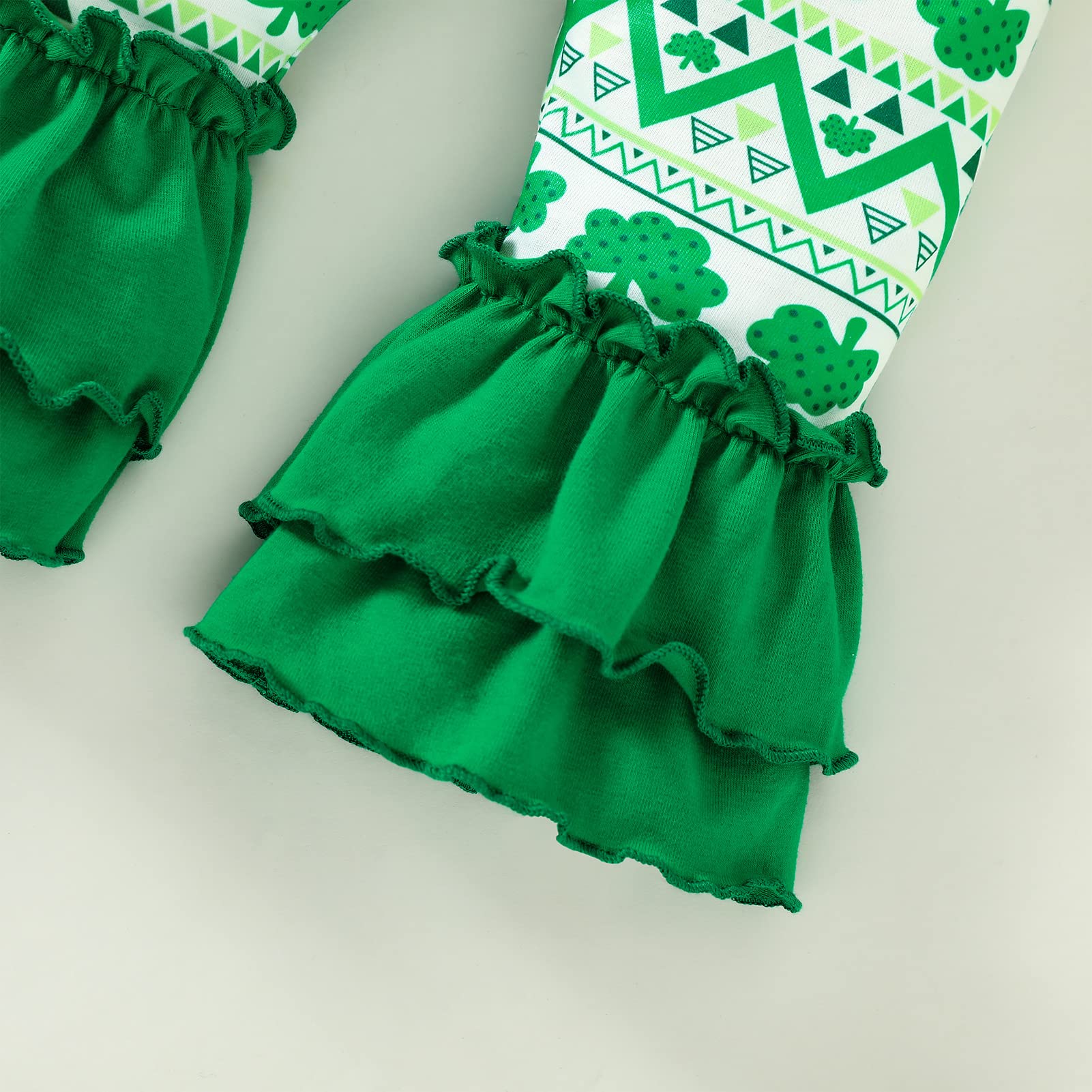 GRNSHTS Baby Girl My First St.Patrick's Day Clothes Long Sleeve Ruffle Romper Bell-Bottomed Pants Headband 3Pcs Clover Print Outfits(Green-C,0-3M